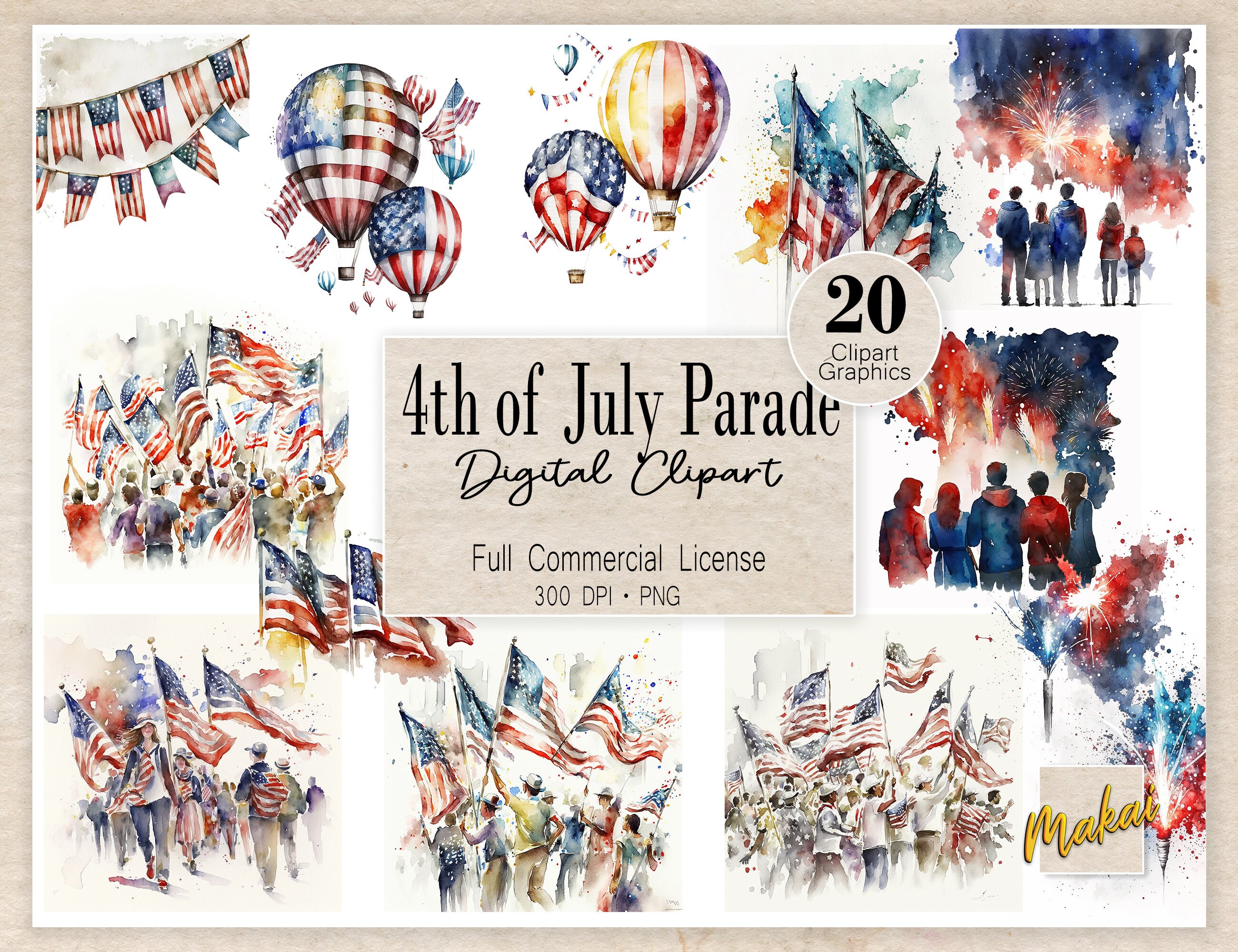 20 Clip Art Downloads, Watercolor 4th of July Celebration Image Files ...