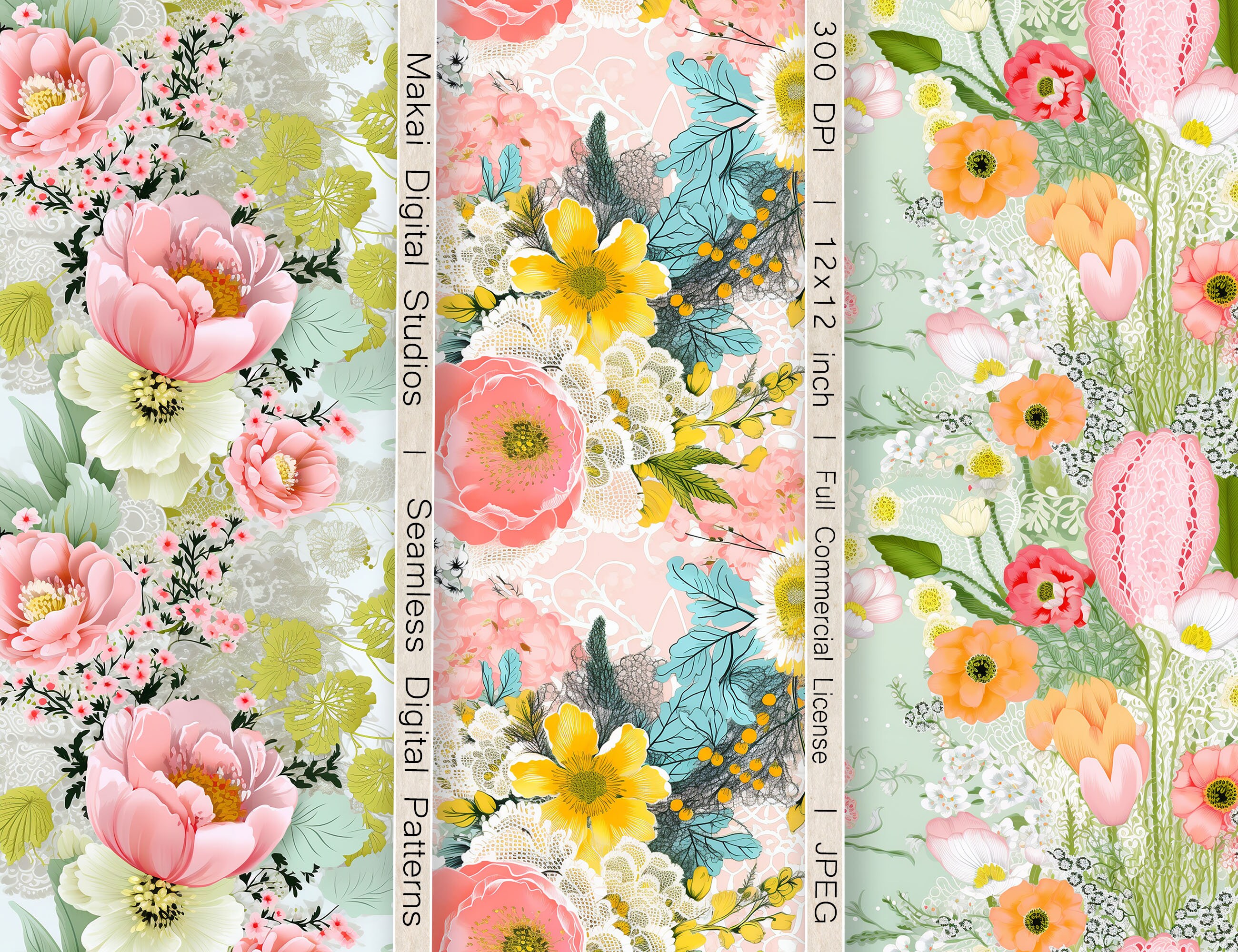 12 Seamless Digital Patterns, Spring Flower and Lace Bouquets, Use for ...