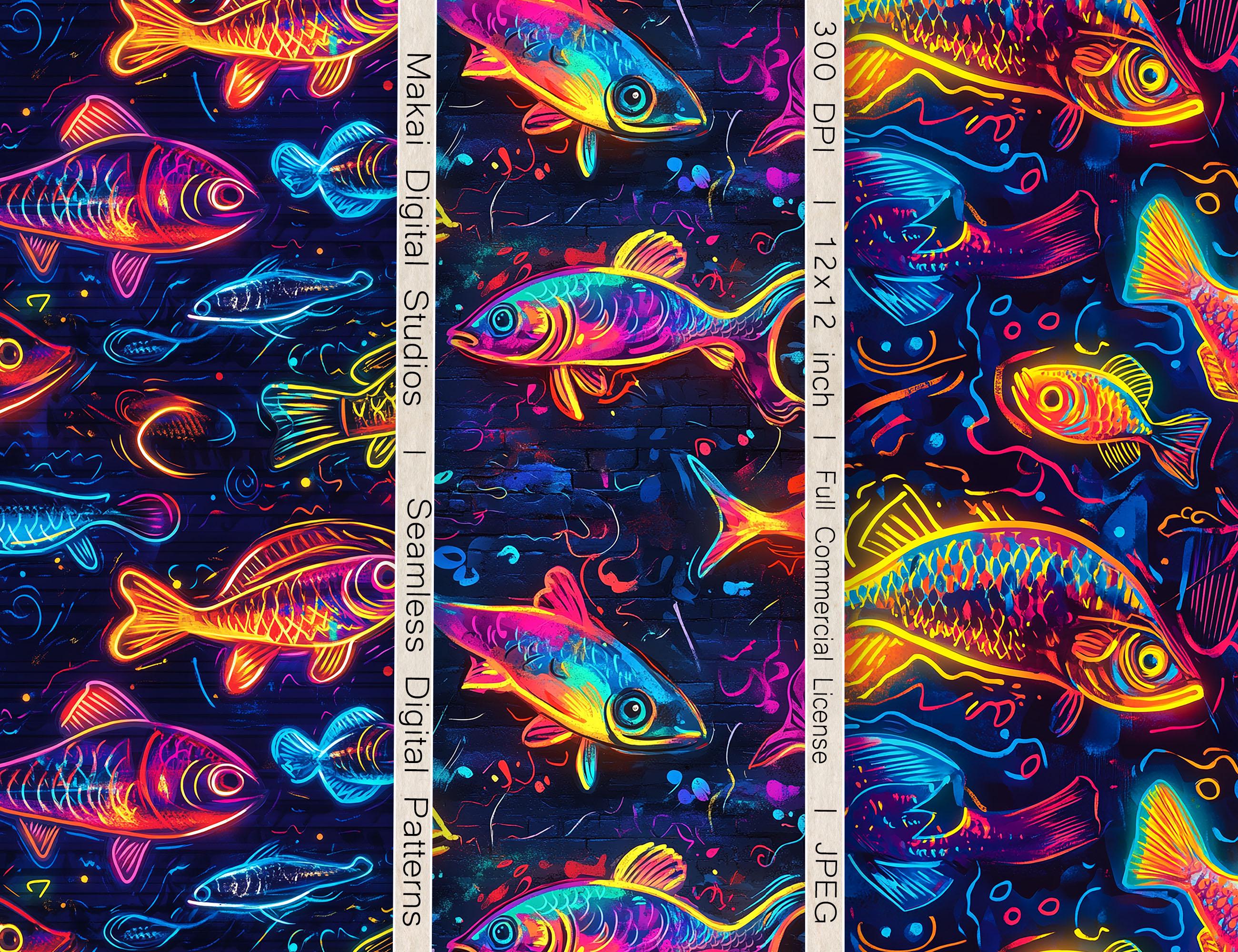 12 Neon Fish Seamless Pattern: 80s Aquarium Digital Paper (commercial ...