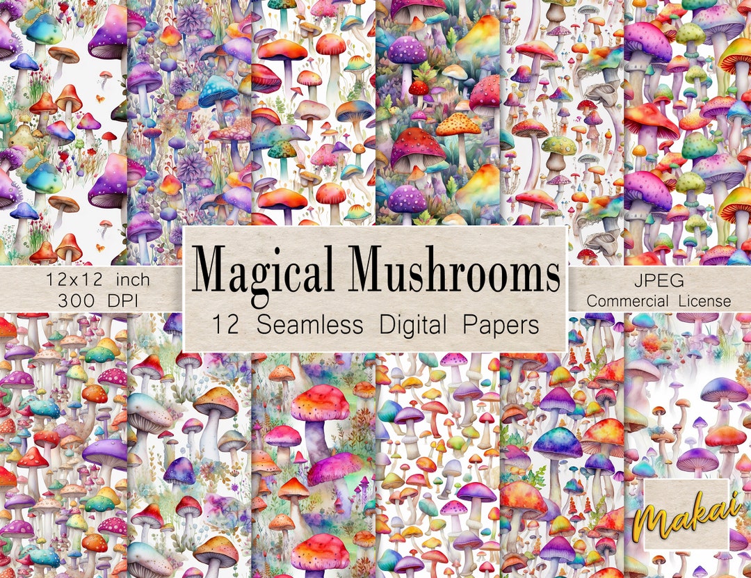12 Seamless Digital Papers, Fantasy Mushrooms, Use for Cards ...
