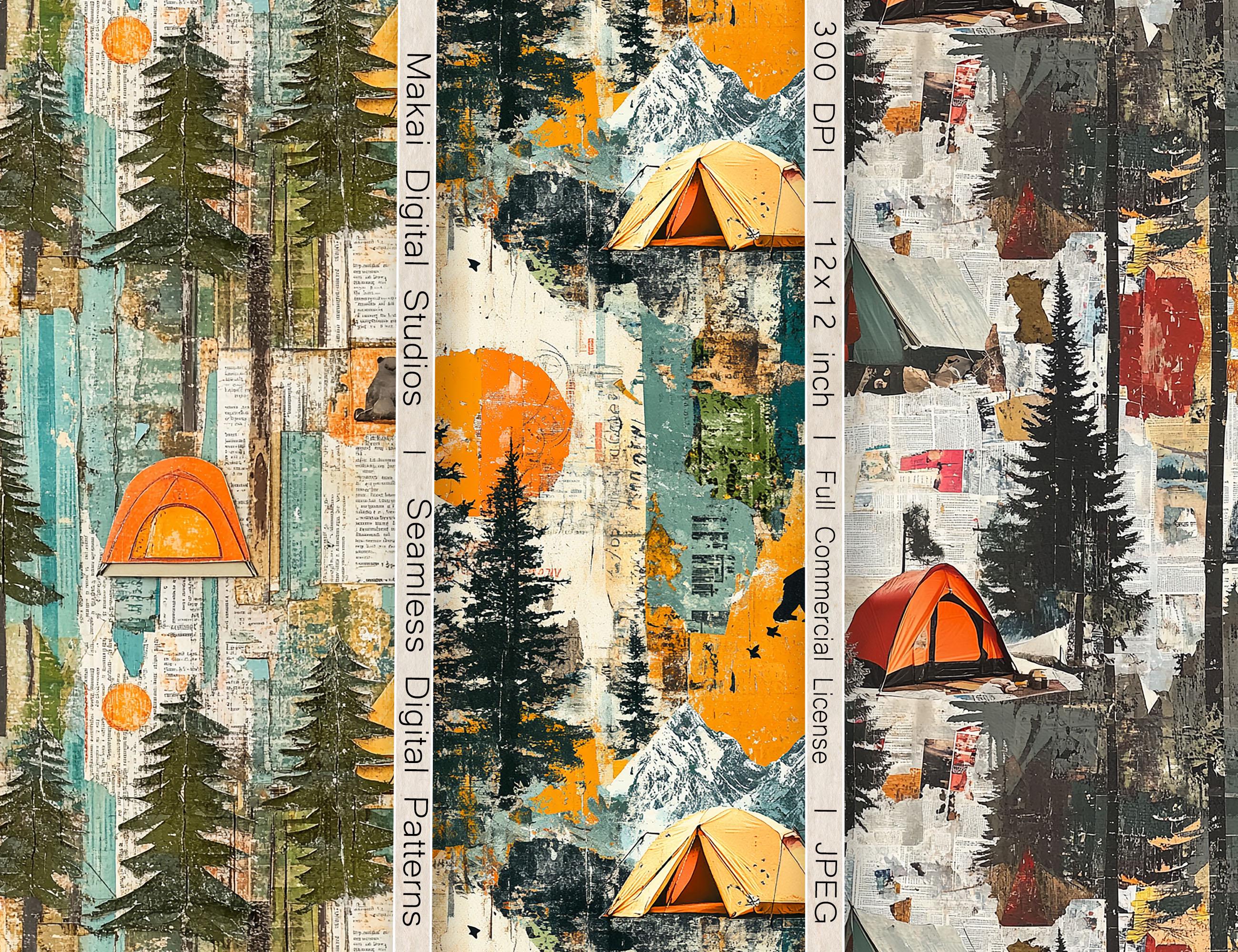 12 Camping Digital Paper, Rustic Background, Tent Camp Seamless Pattern ...