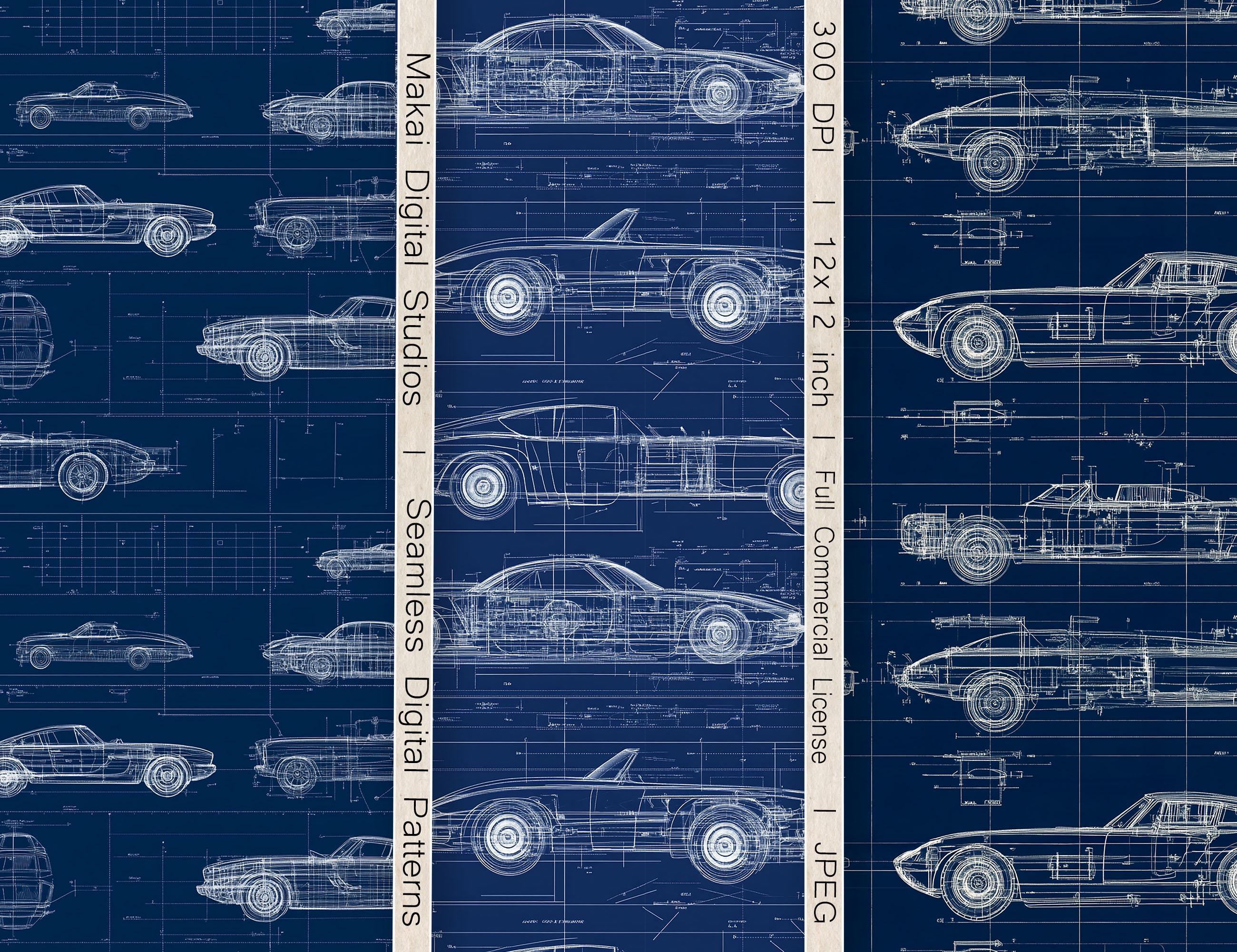 12 Classic Car Blueprint Pattern: Auto Seamless Digital Papers ...