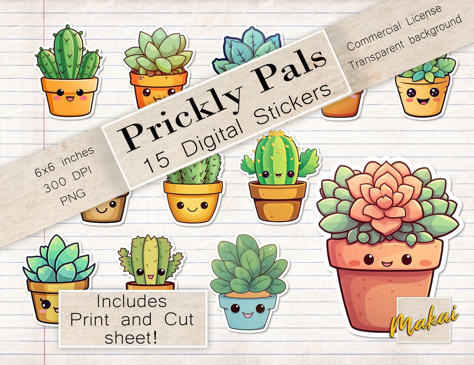 15 Printable Stickers, Instant Download, Succulents and Cactus, Digital ...