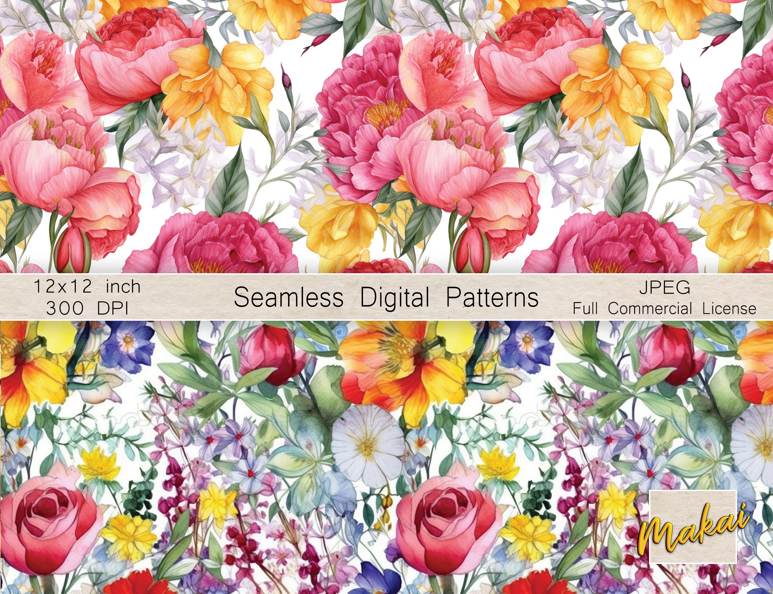 12 Seamless Digital Papers, Watercolor Summer Floral Patterns, Use for Cards, Invitations ...