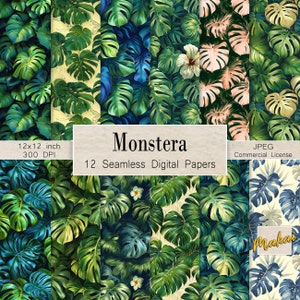 12 Digital Seamless Patterns, Tropical Monstera Background W/ Hibiscus ...
