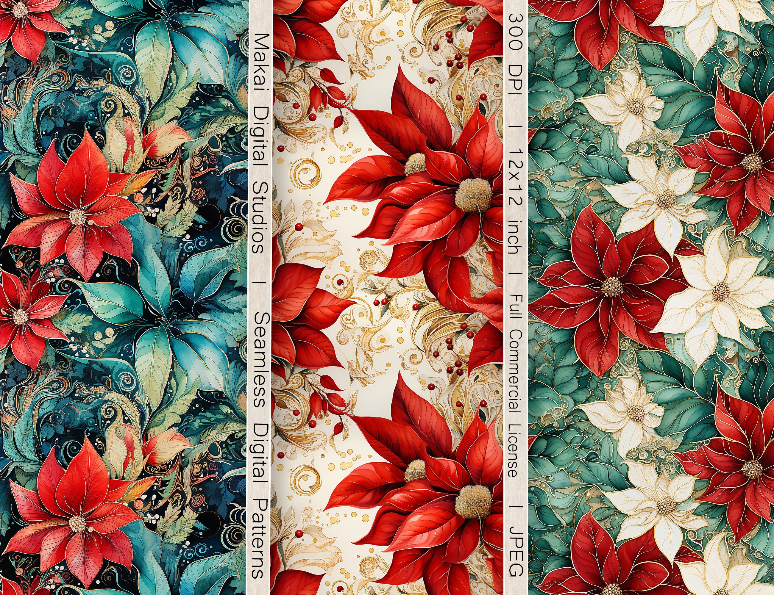 Christmas Poinsettia Seamless Designs, 12 Seamless Papers, for Fabric ...