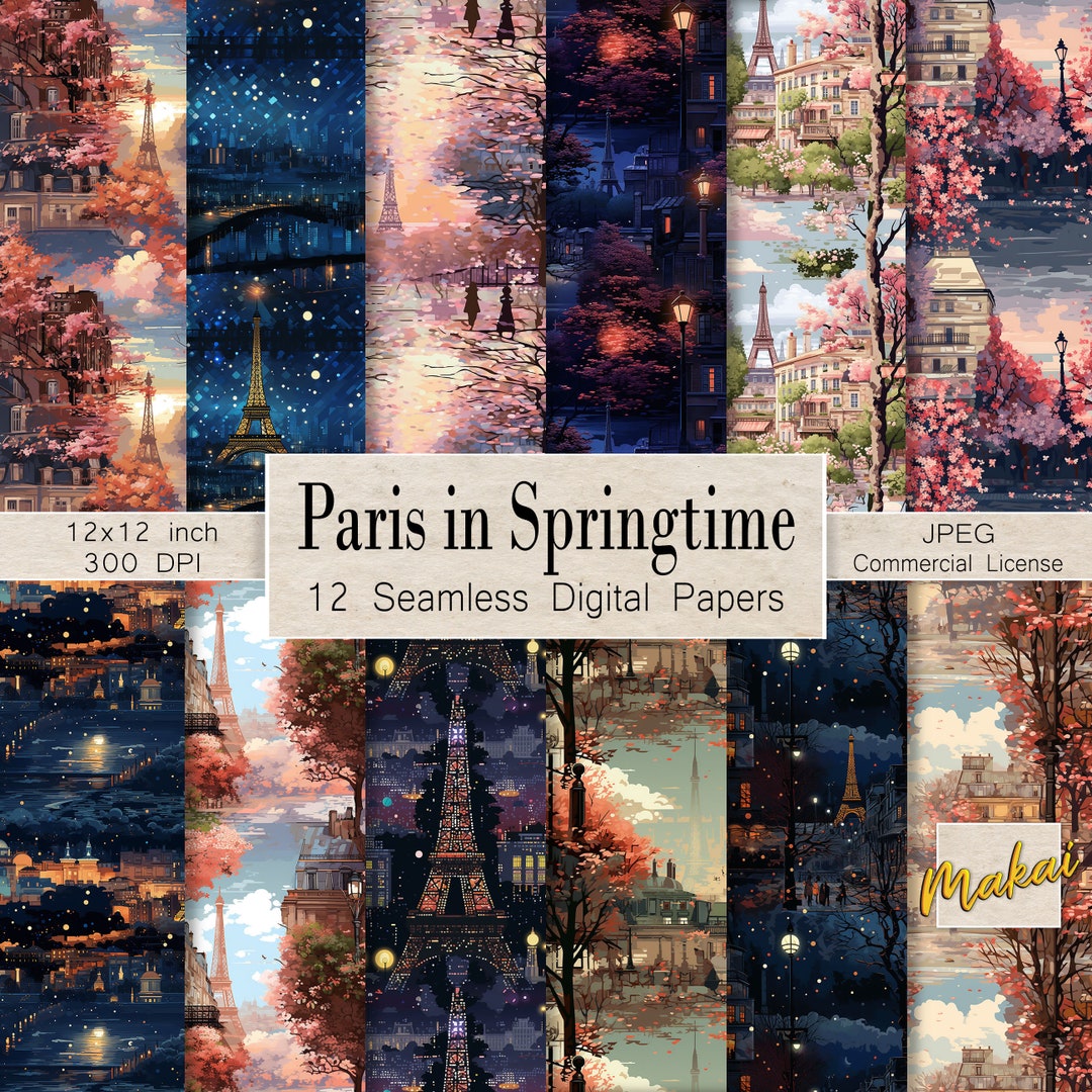 12 Seamless Digital Patterns, Paris in the Springtime, Use for Romantic ...