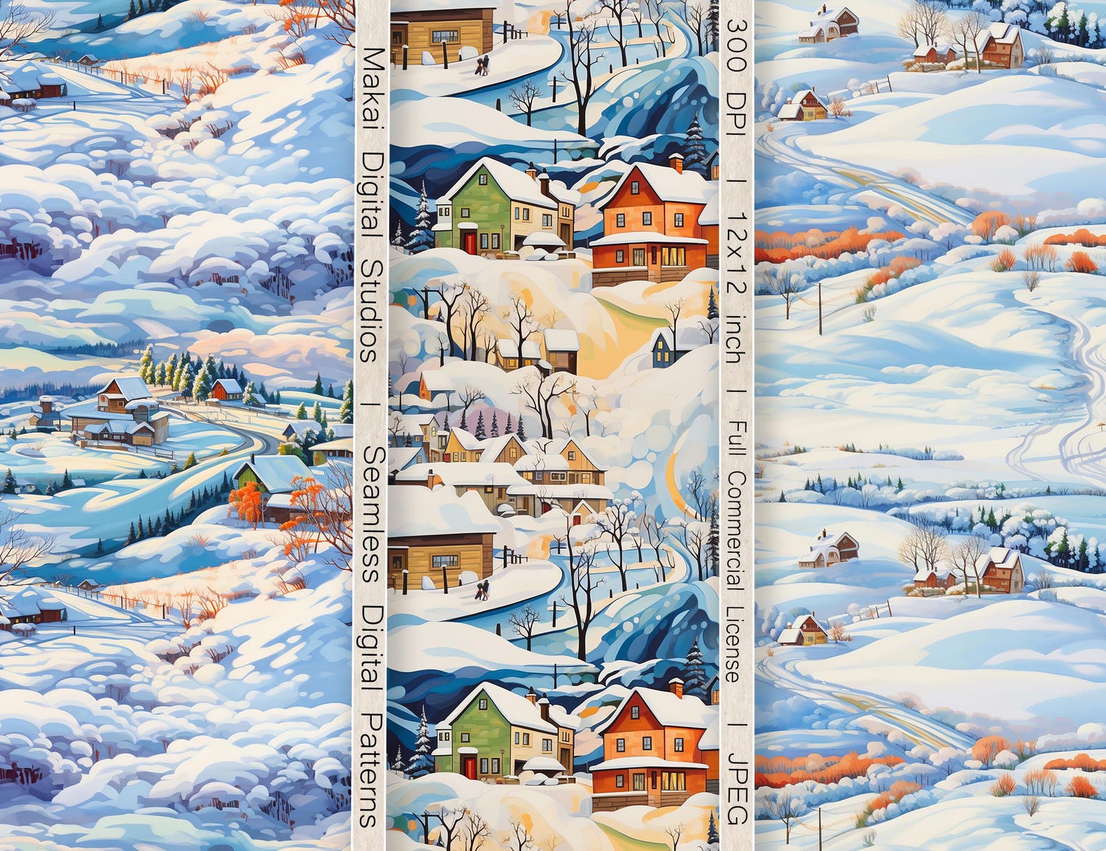 12 Digital Repeating Backgrounds, Illustrated Christmas Snowy Winter ...