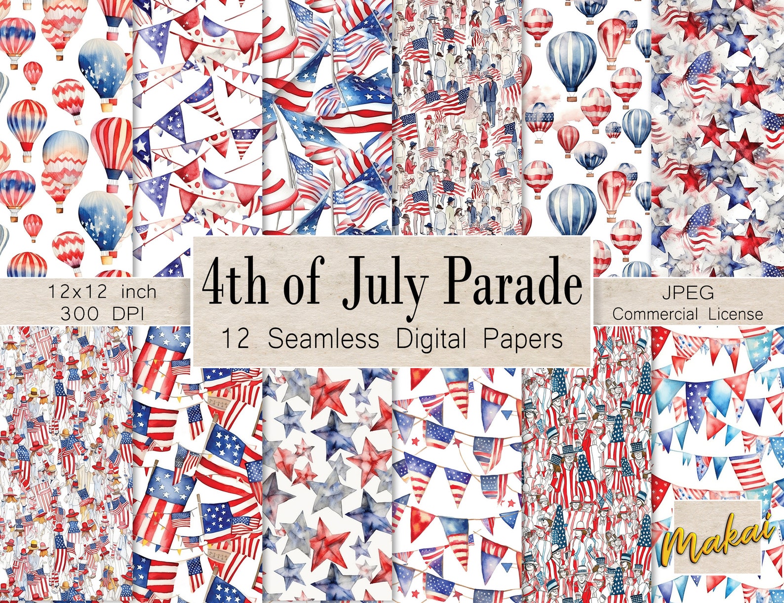 12 Seamless Digital Patterns, 4th of July Celebration, Use for Cards ...