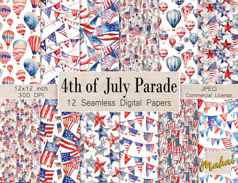 12 Seamless Digital Patterns, 4th of July Celebration, Use for Cards ...