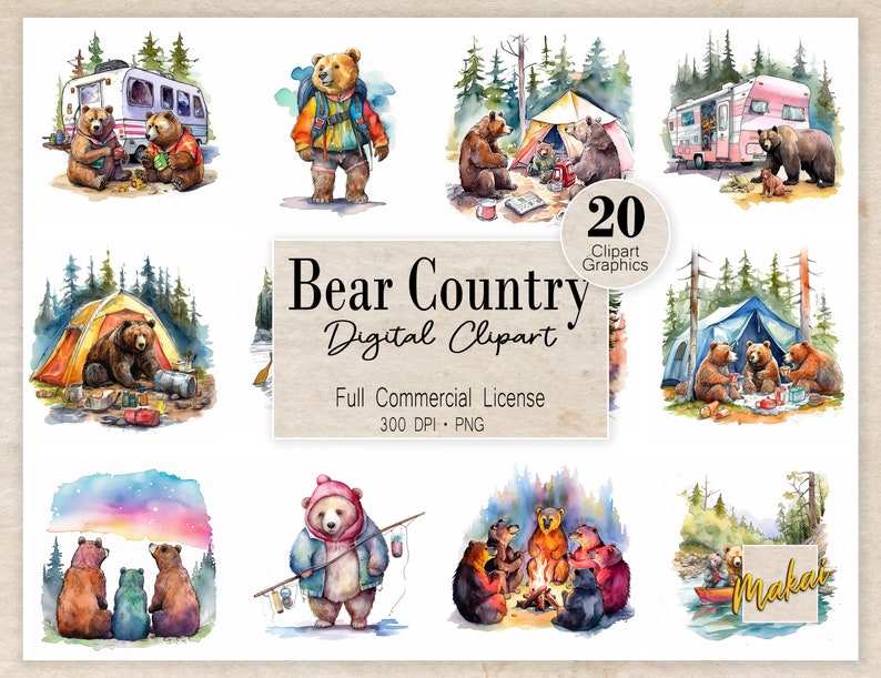20 Clip Art Graphics, Summer Camping and Hiking Bears, Use for ...