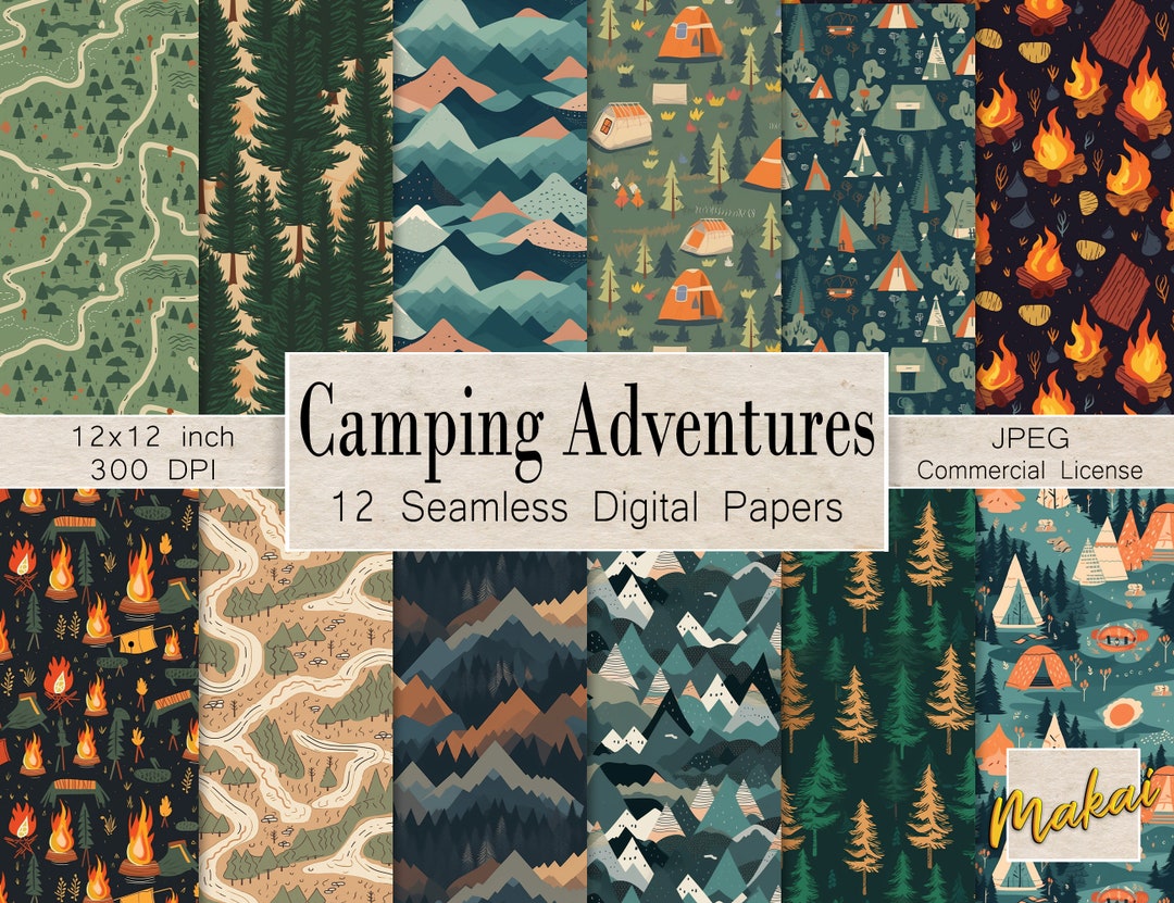 12 Seamless Digital Patterns, Summer Camping Patterns, Use for Journals ...
