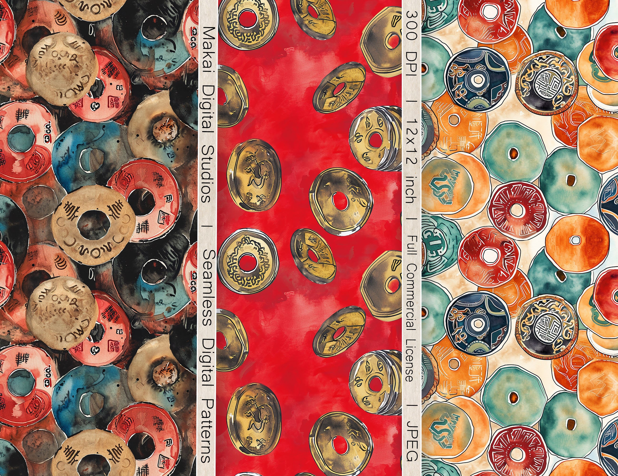 12 Seamless Digital Patterns, Watercolor Lucky Coins for Chinese New ...
