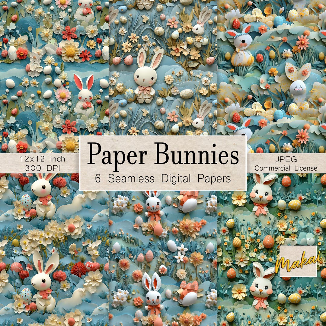 6 Easter Bunny Seamless Digital Paper, 3D Easter Bunny Seamless Pattern ...