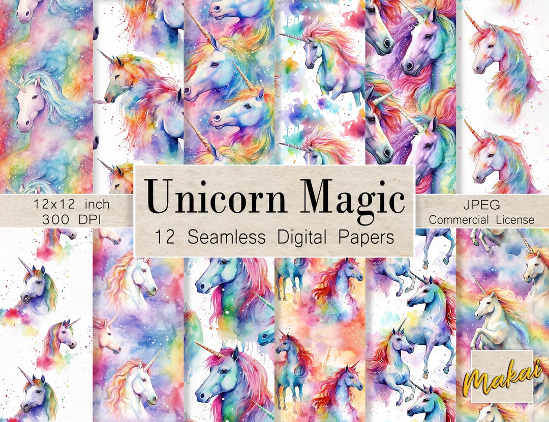 12 Seamless Digital Papers, Watercolor Rainbow Unicorns, for Journals ...