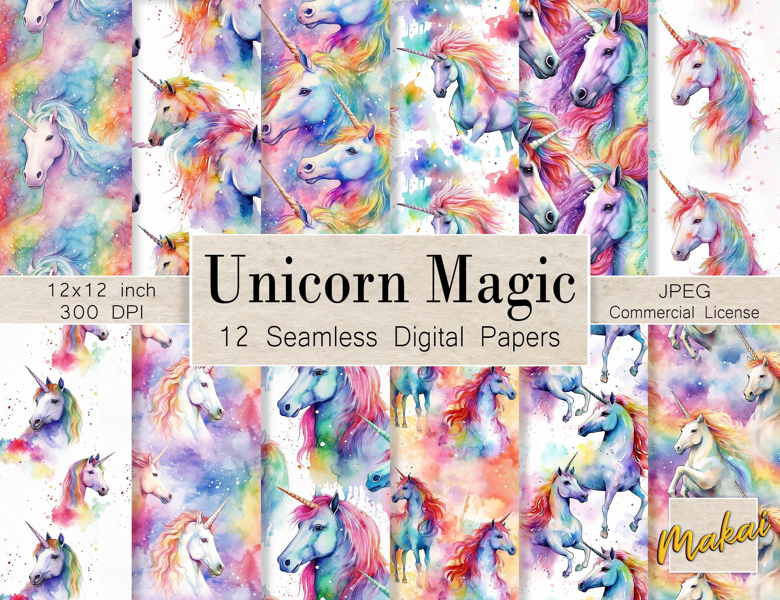 12 Seamless Digital Papers, Watercolor Rainbow Unicorns, for Journals ...