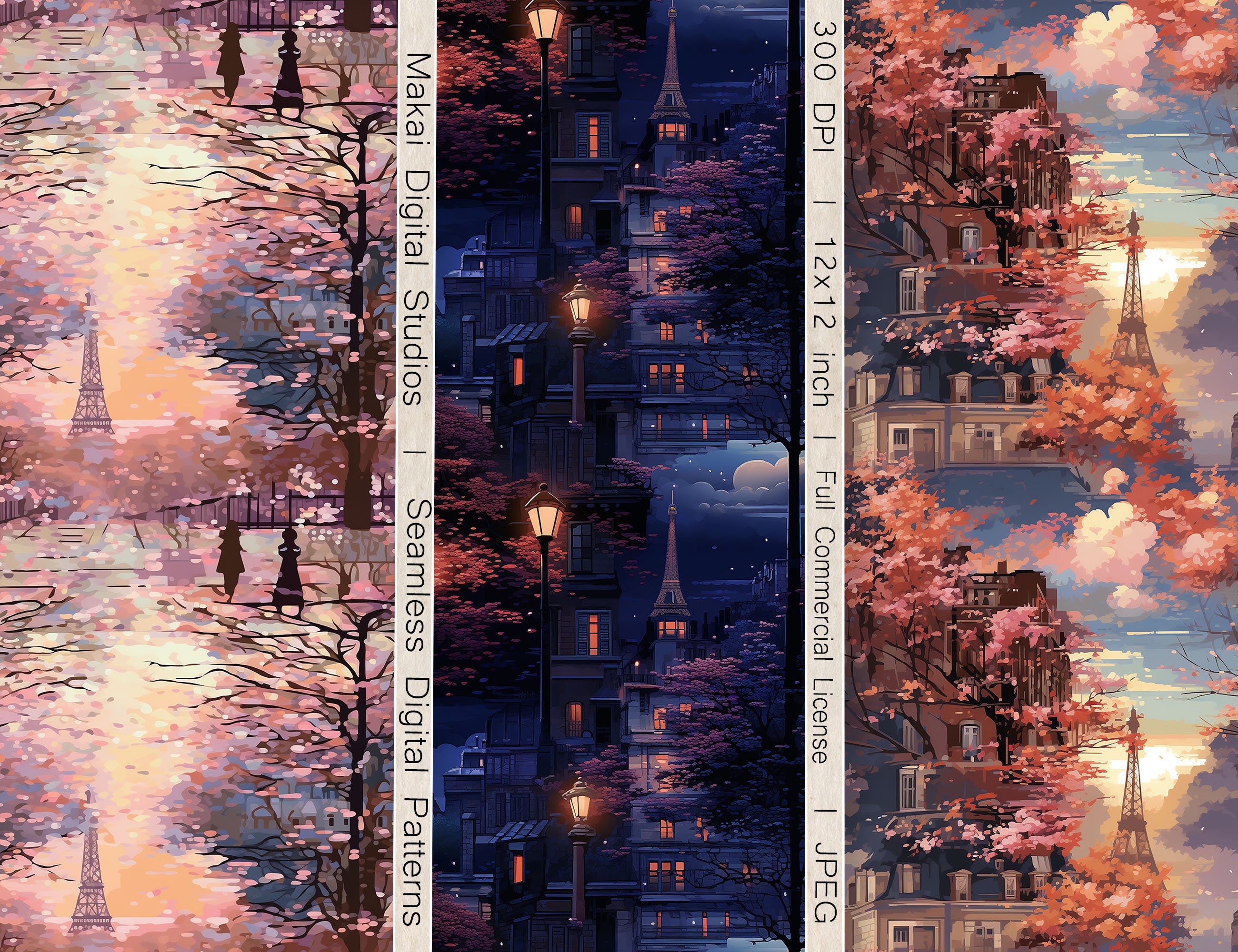12 Seamless Digital Patterns, Paris in the Springtime, Use for Romantic ...