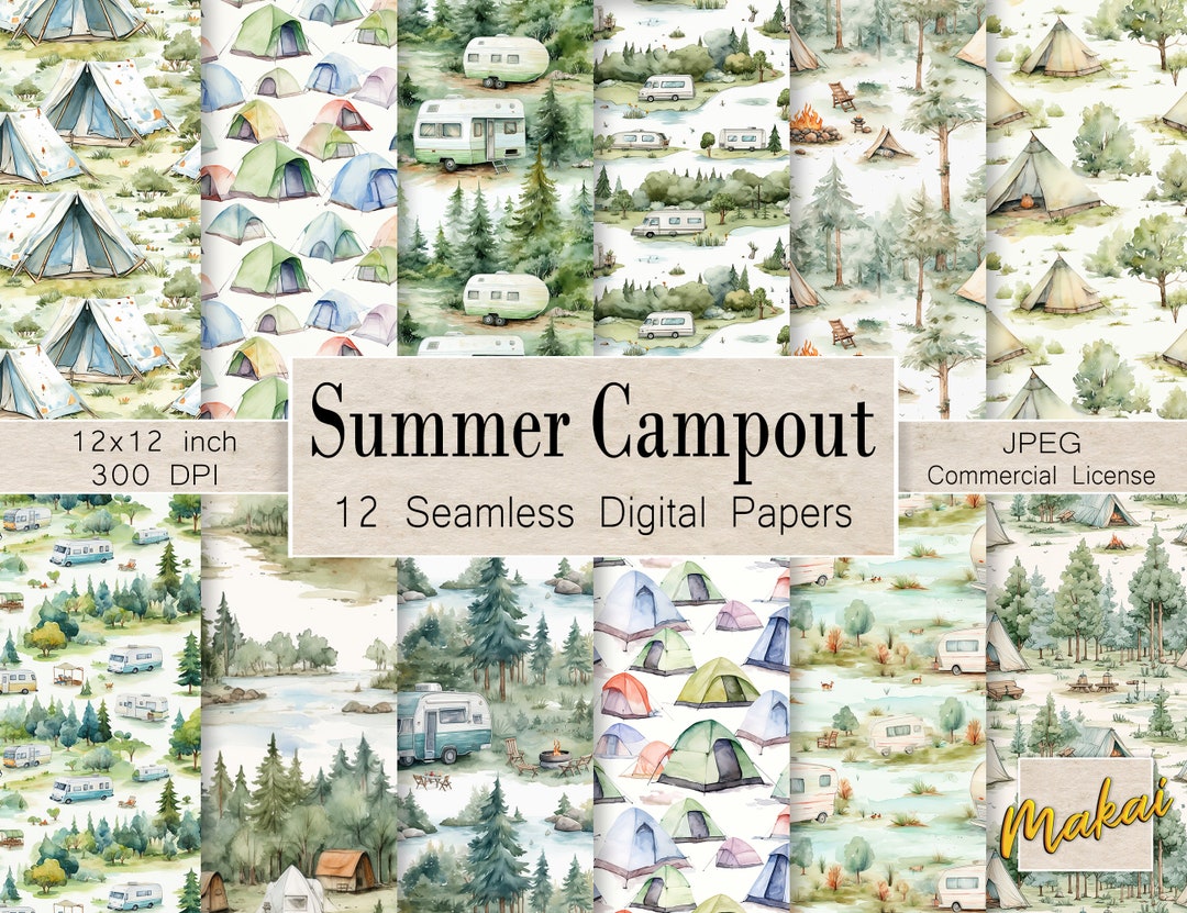 Summer Camping Patterns, 12 Seamless Digital Patterns, Use for Journals ...