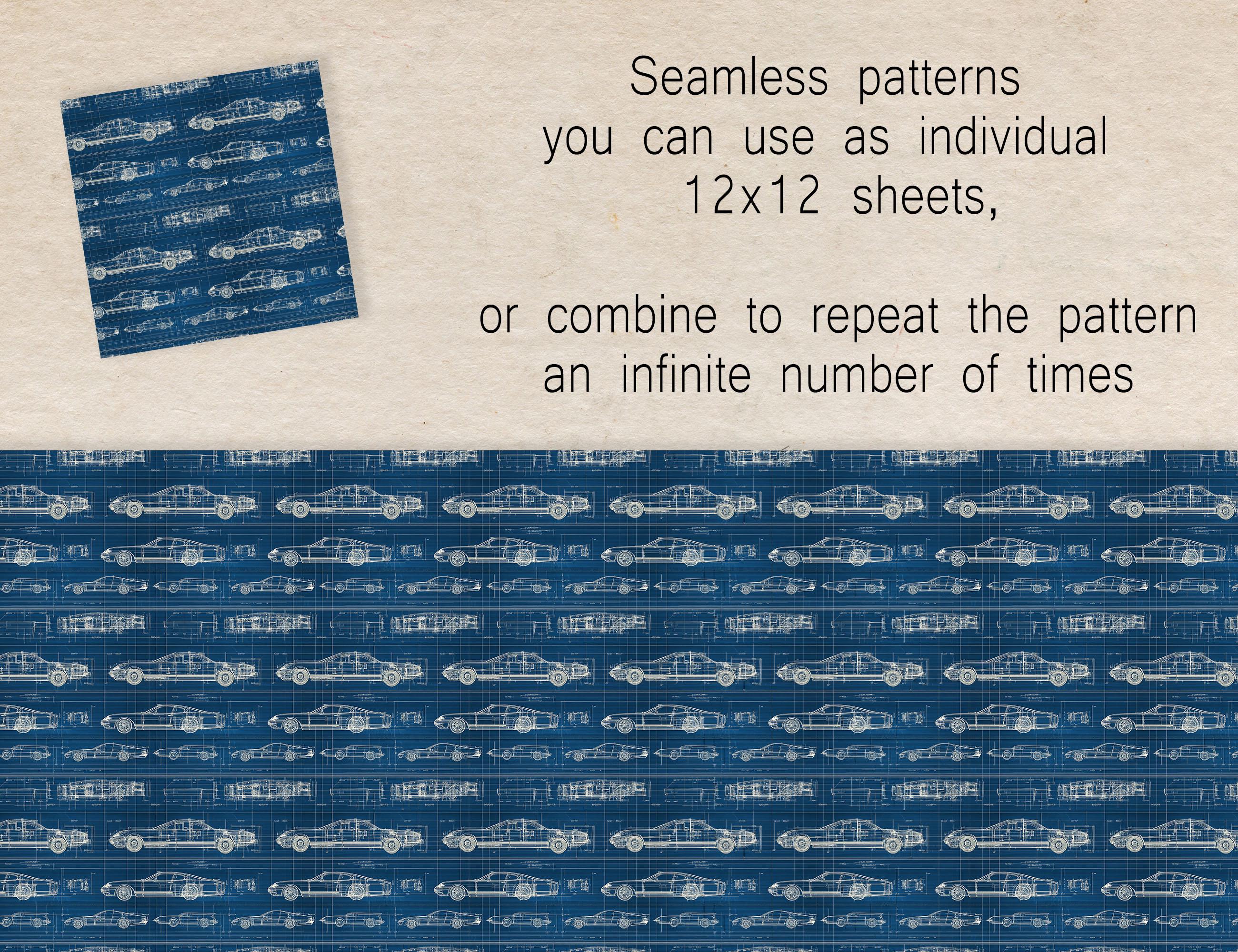 12 Classic Car Blueprint Pattern: Auto Seamless Digital Papers ...