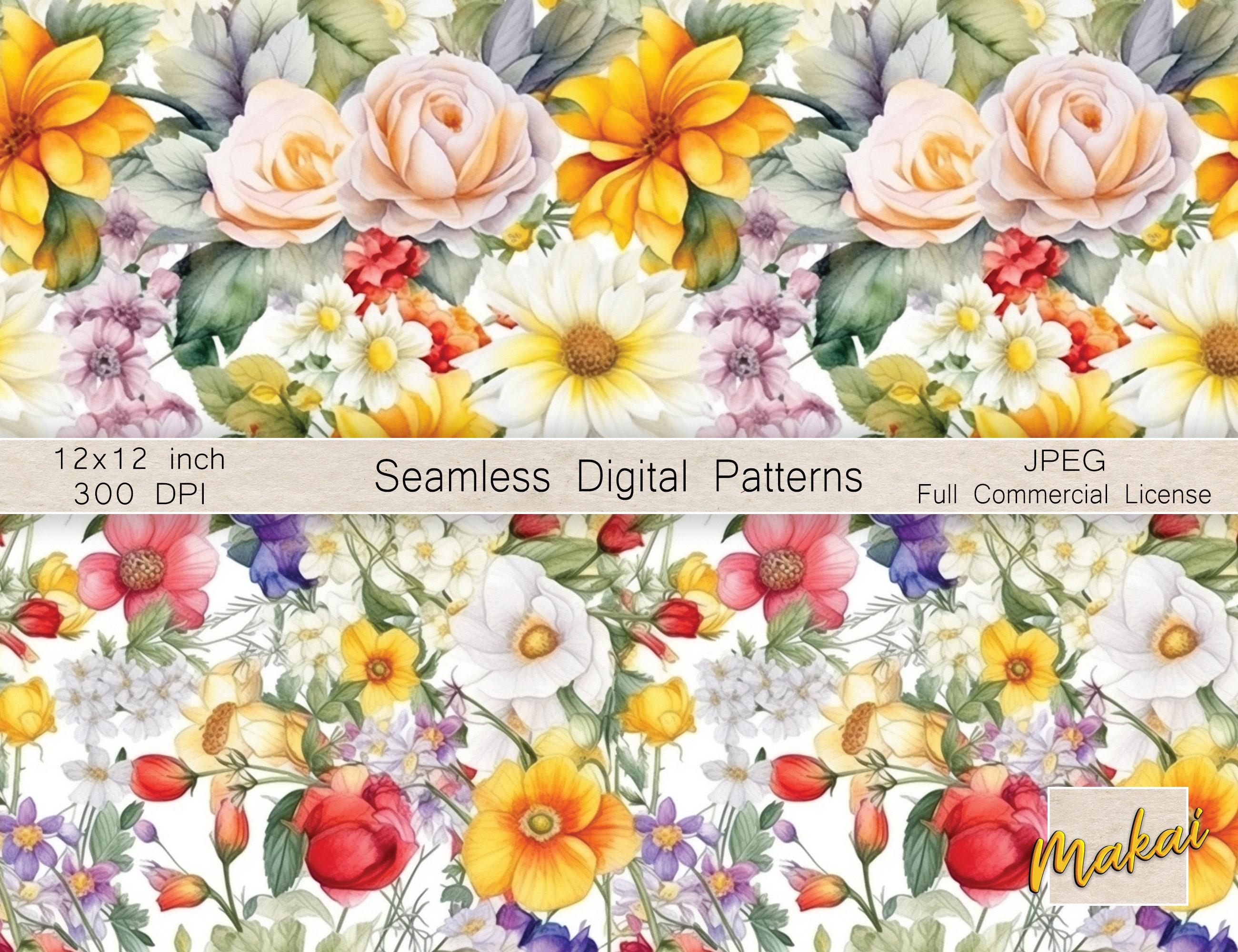 12 Seamless Digital Papers, Watercolor Summer Floral Patterns, Use for Cards, Invitations ...
