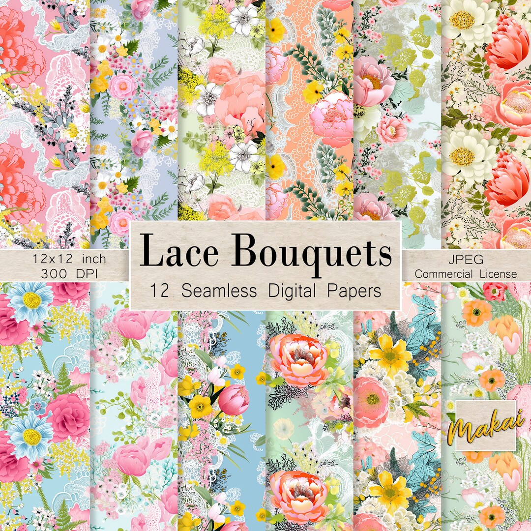 12 Seamless Digital Patterns, Spring Flower and Lace Bouquets, Use for ...