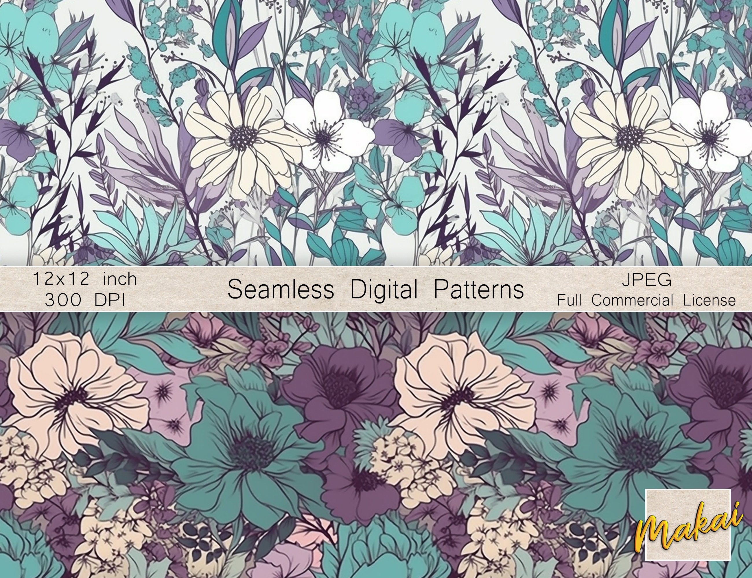 12 Seamless Digital Papers, Boho Teal and Purple Flowers, Use for Cards ...