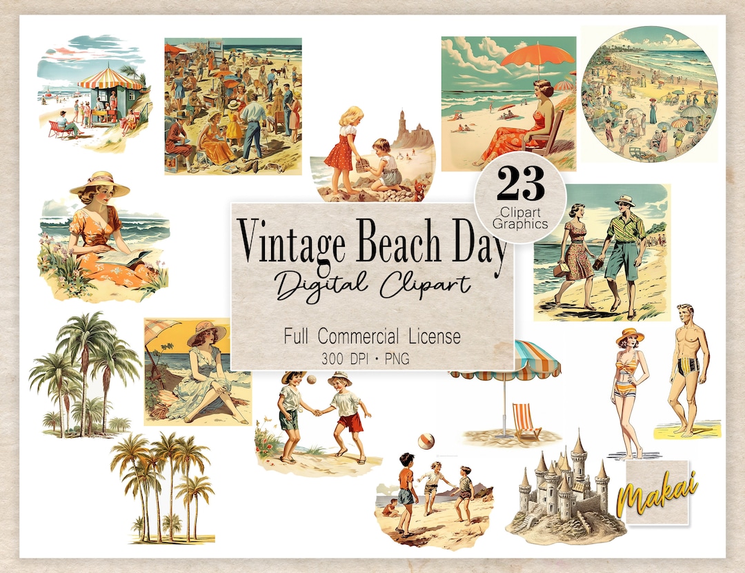 23 Clip Art Graphics, Vintage Beach Clipart, Instant Download, Full ...