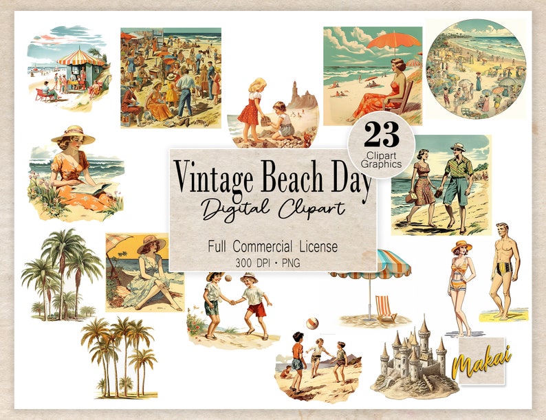 23 Clip Art Graphics, Vintage Beach Clipart, Instant Download, Full ...