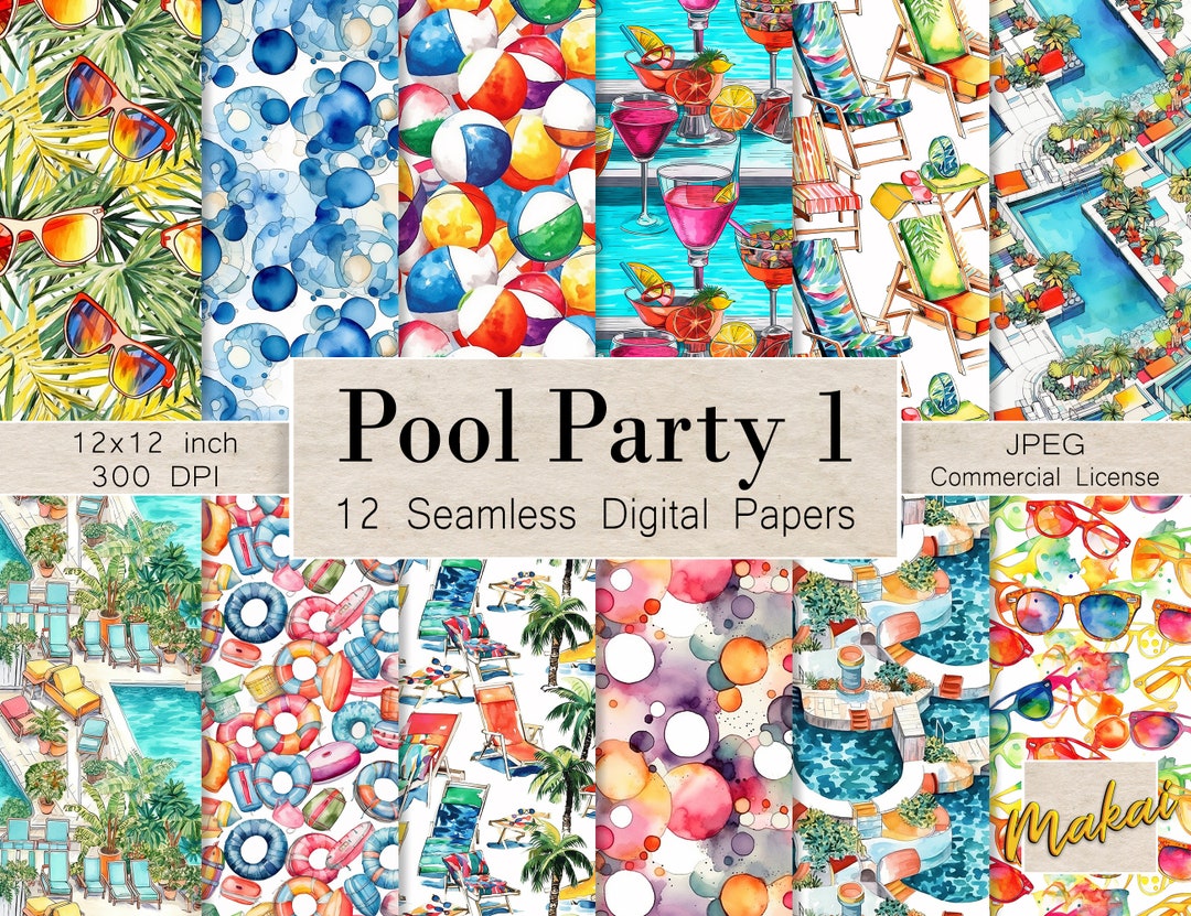 12 Seamless Digital Patterns, Summer Pool Party, Use for Invitations ...