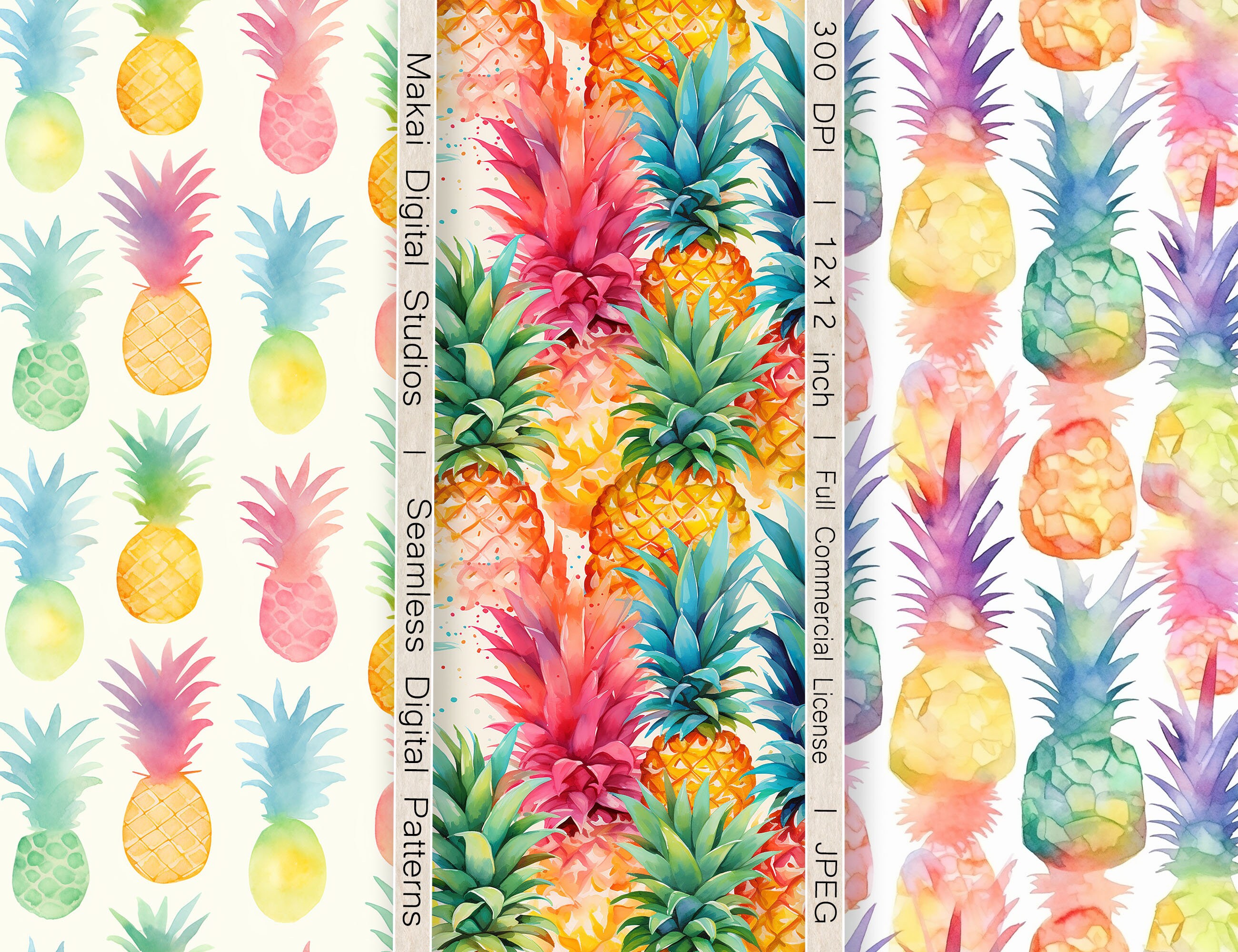 12 Seamless Digital Patterns, Watercolor Hawaiian Pineapples, Use for ...