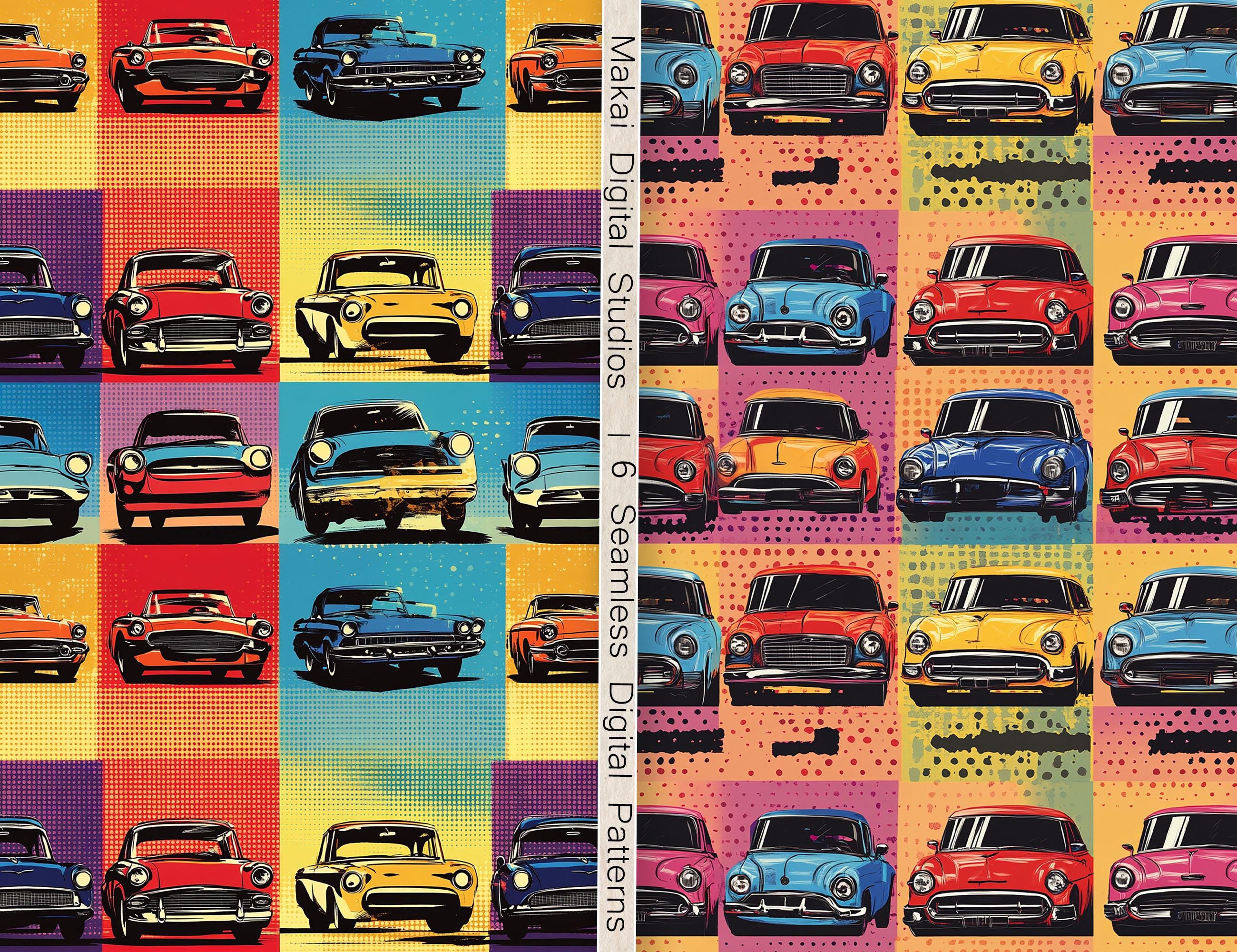 6 Vintage Cars Pop Art Digital Paper, Father's Day Classic Cars ...