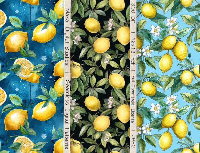 12 Seamless Digital Papers, Summer Lemons Seamless Patterns, for ...