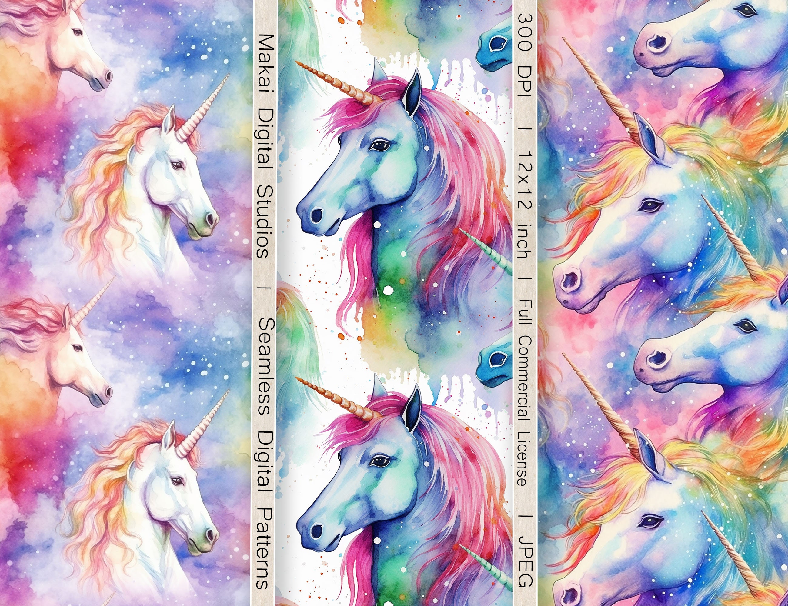 12 Seamless Digital Papers, Watercolor Rainbow Unicorns, for Journals ...