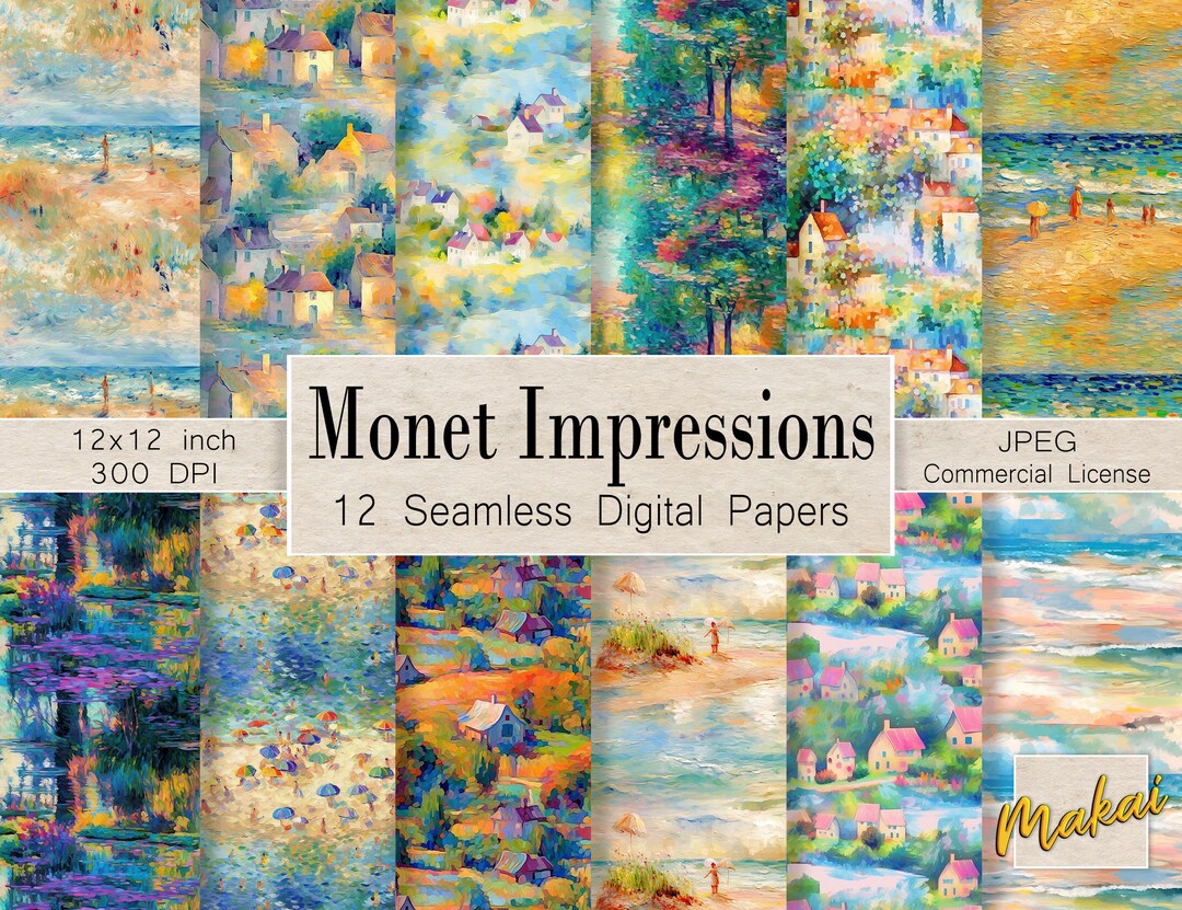 12 Seamless Digital Papers, Monet Inspired Landscapes, Use for Fabrics ...