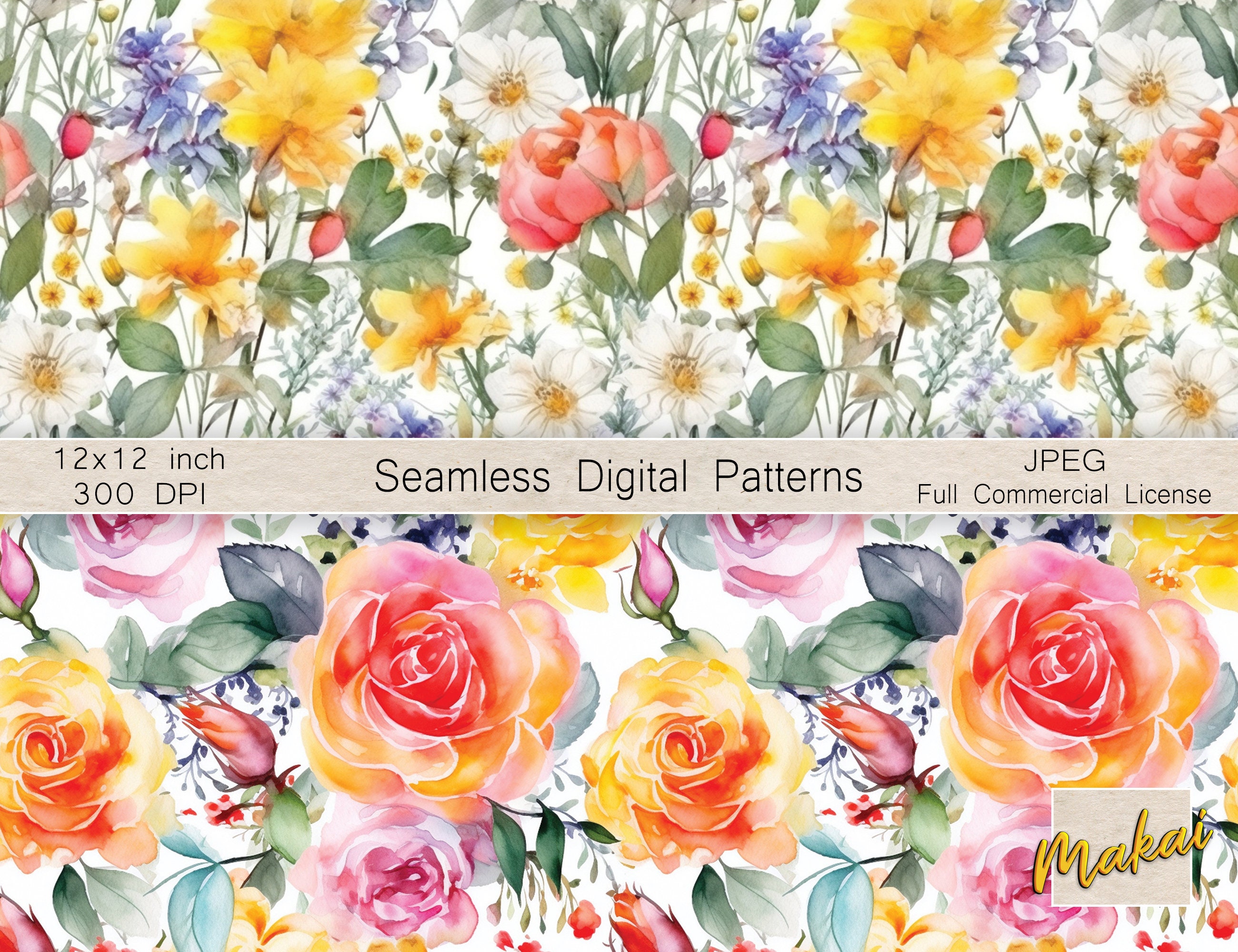 12 Seamless Digital Papers, Watercolor Summer Floral Patterns, Use for ...