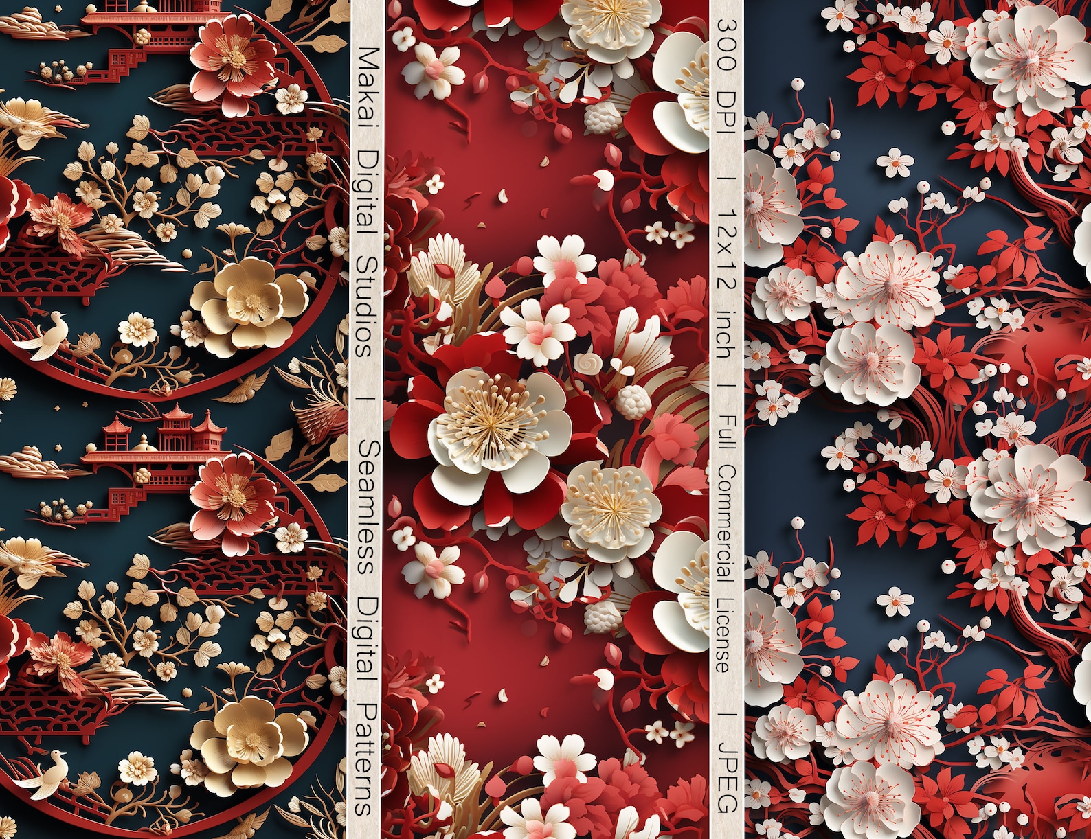 12 Seamless Digital Patterns, 3D CNY Chinese Flower Carvings, Use for ...