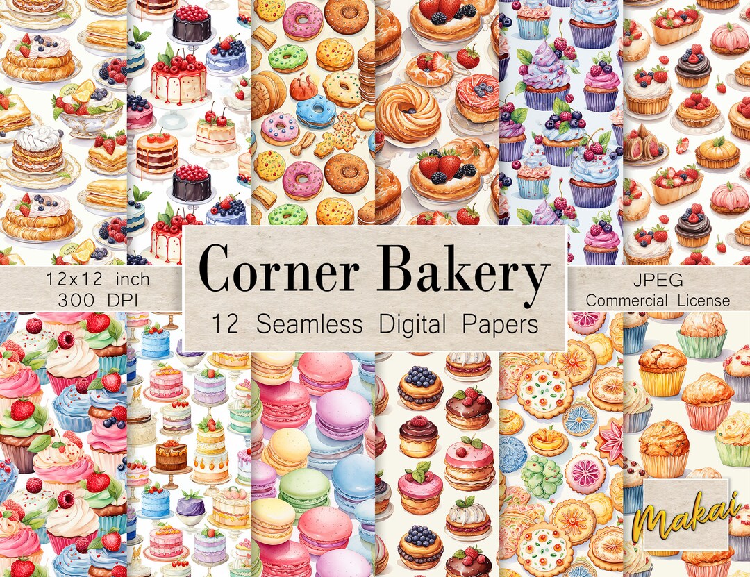 Watercolor Bakery Patterns, 12 Seamless Digital Patterns, Use for ...