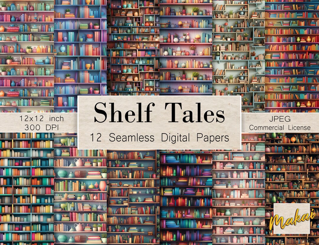 Cozy Library Bookshelves, 12 Seamless Digital Papers, for Cards ...