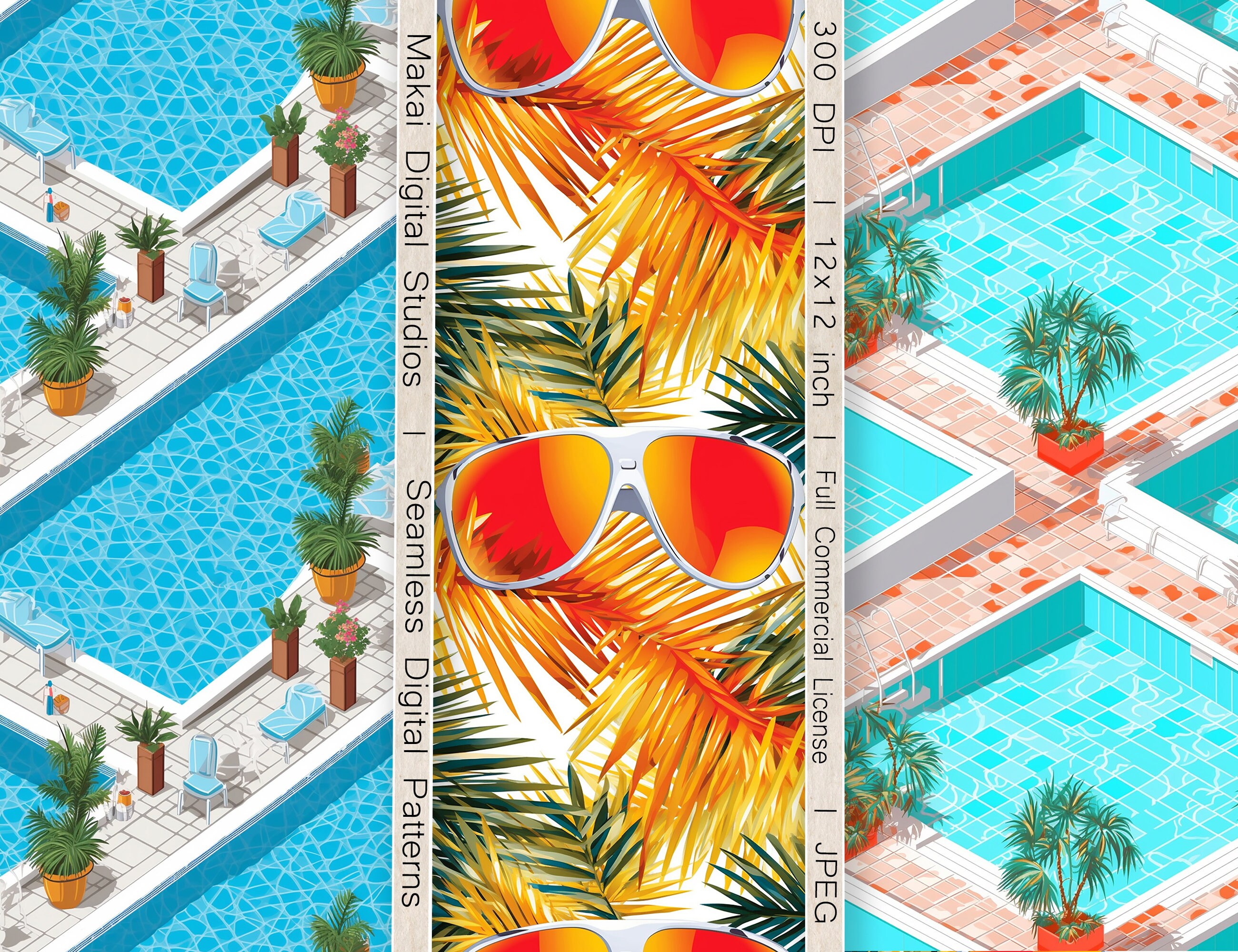 12 Seamless Digital Patterns, Summer Pool Party, Use for Invitations ...