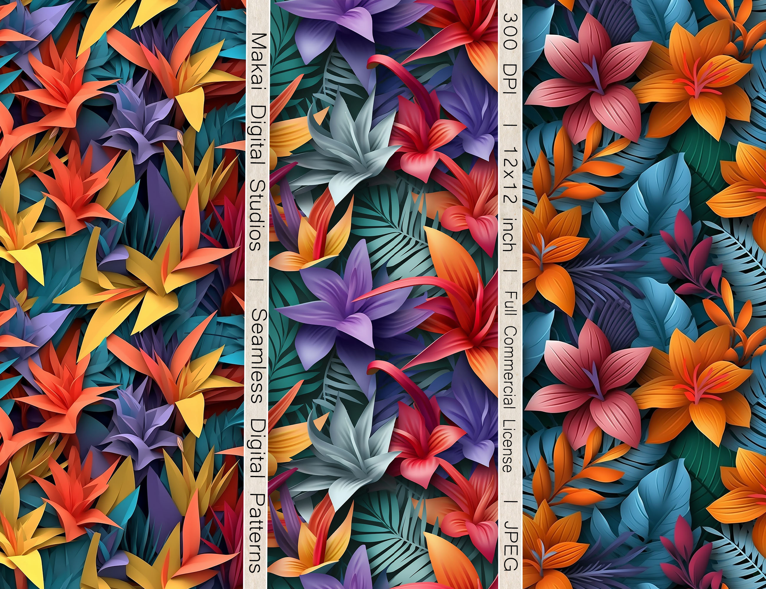 12 Seamless Digital Papers, 3d Paper Craft Summer Flowers, Use for ...