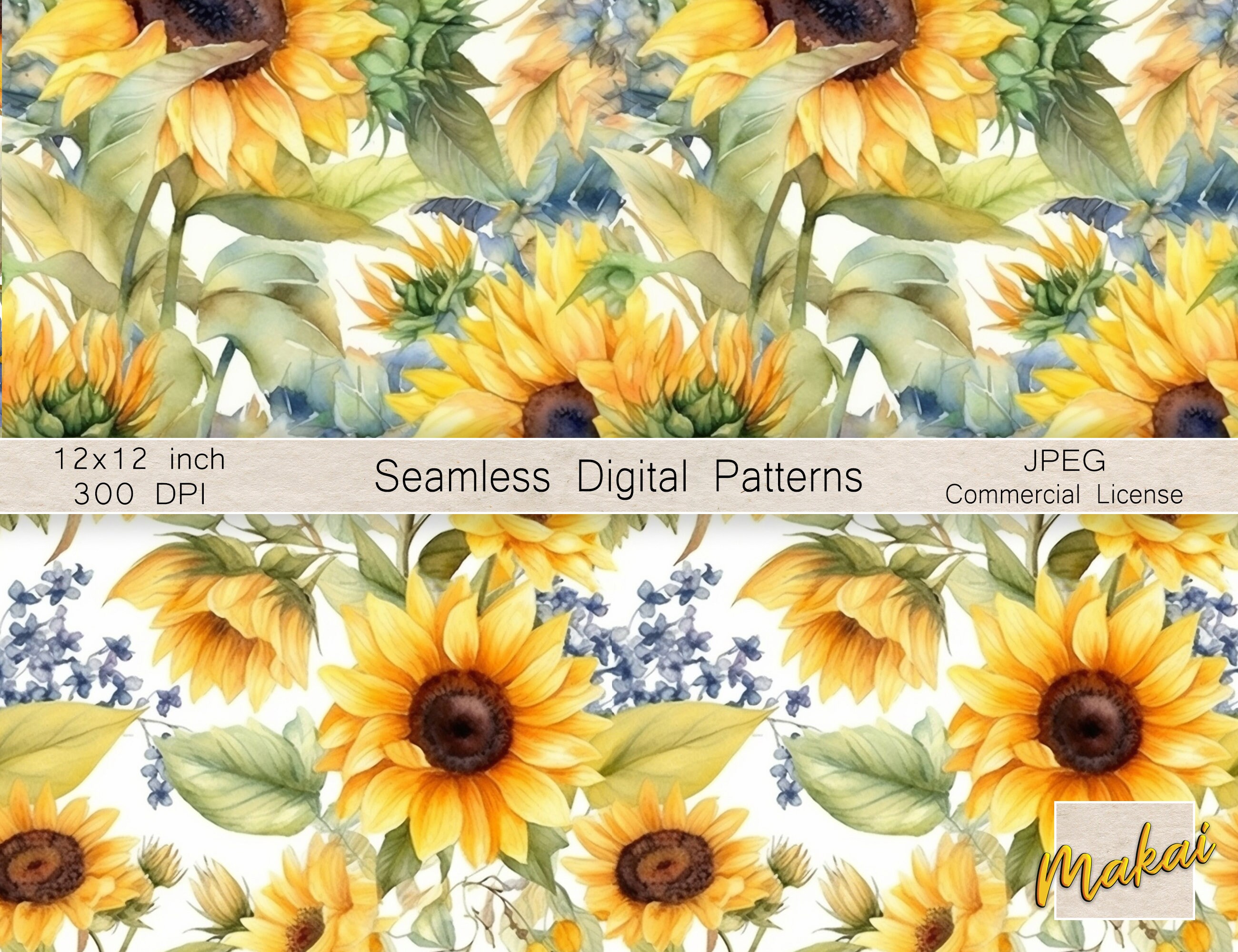 12 Seamless Digital Papers, Summer Sunflower Bouquets With Butterflies ...