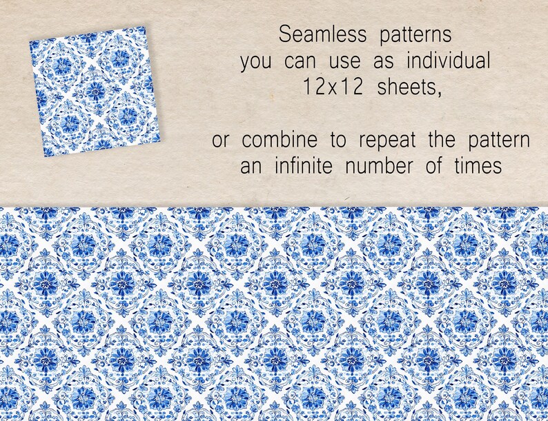 12 Porcelain Seamless Digital Paper, Blue and White Floral Pattern ...