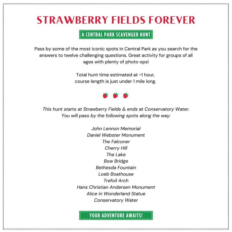 Strawberry Fields Forever: A Central Park Scavenger Hunt | Challenging ...