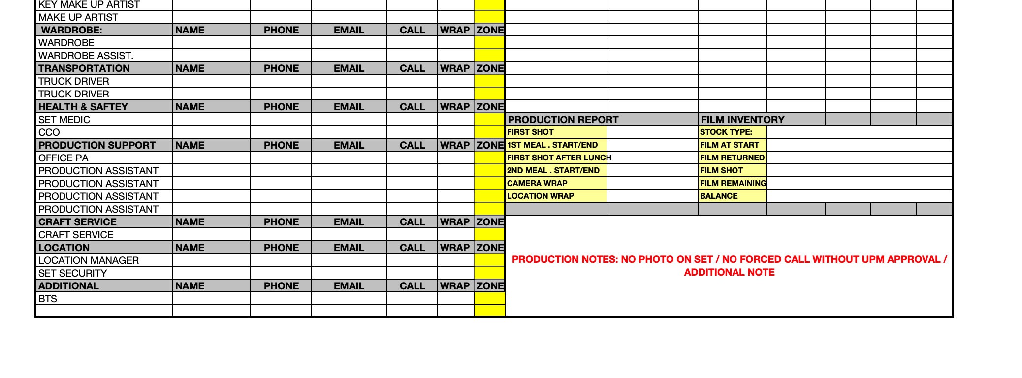 Film Call Sheet One-page Template, Film Call Sheet, Film Professional ...