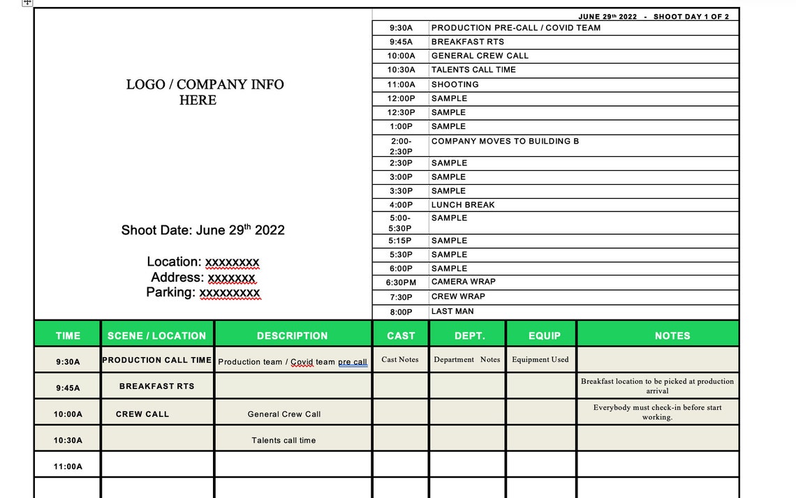 Filming Schedule Template, Film Production Shooting Schedule, Filming ...