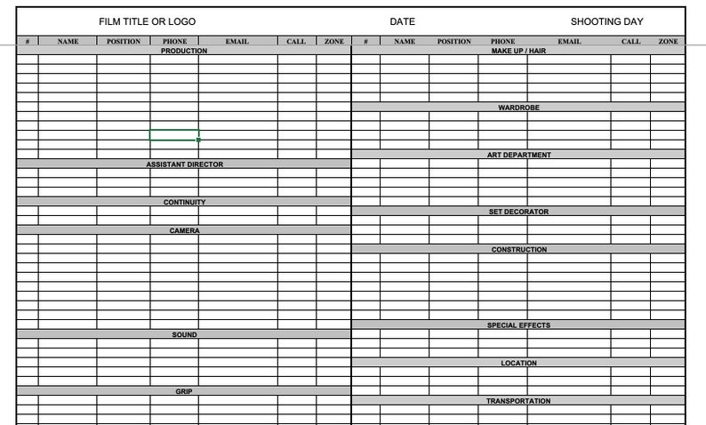 Professional Film Call Sheet Template, Film Call Sheet, Film ...
