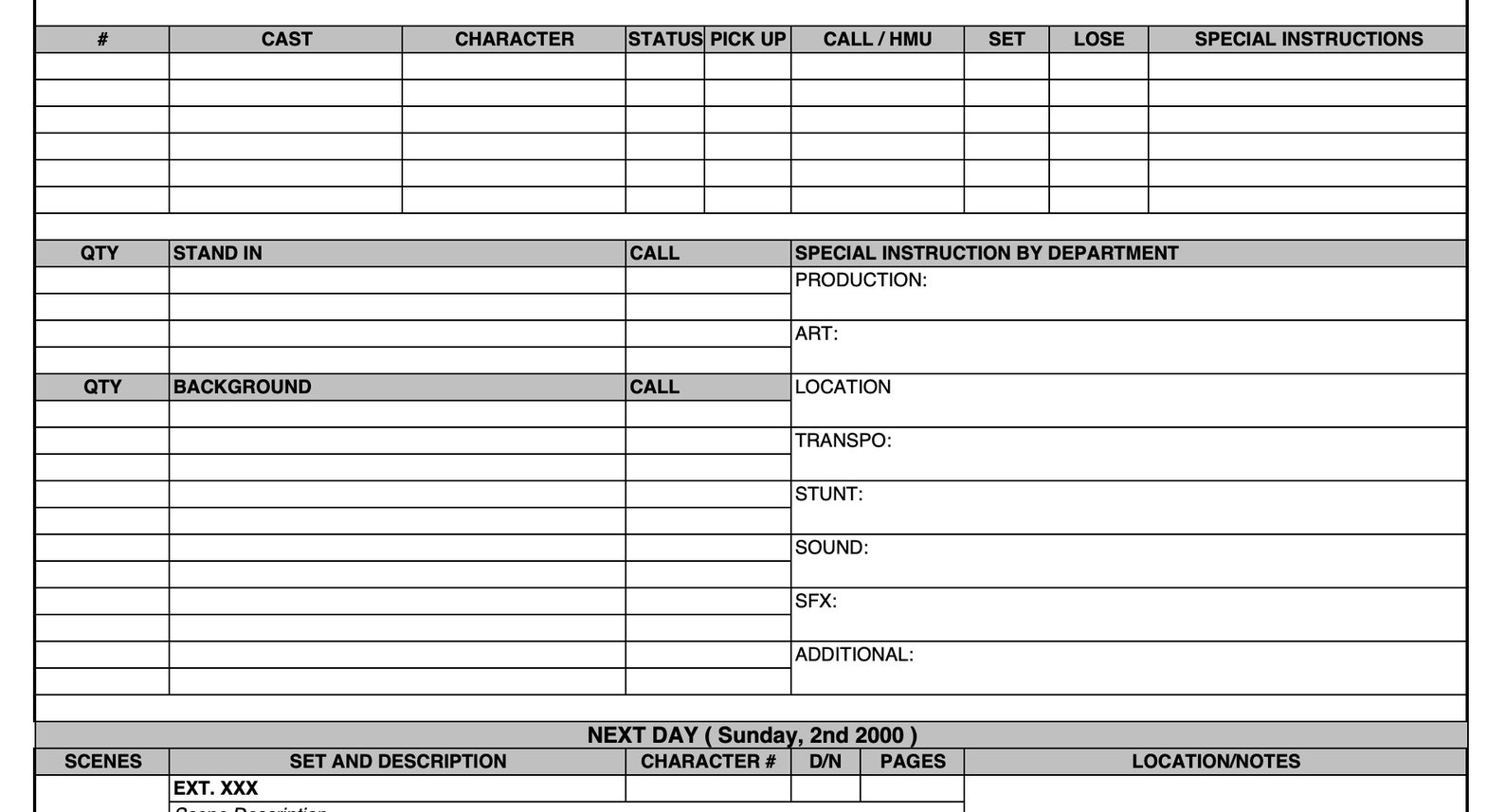 Professional Film Call Sheet Template, Film Call Sheet, Film ...