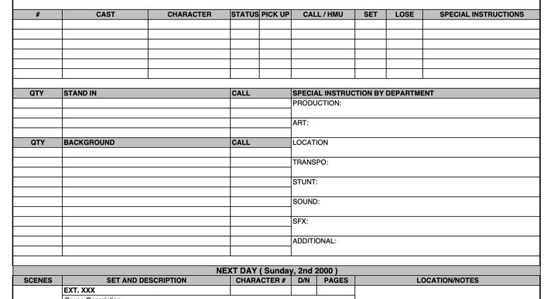 Professional Film Call Sheet Template, Film Call Sheet, Film ...