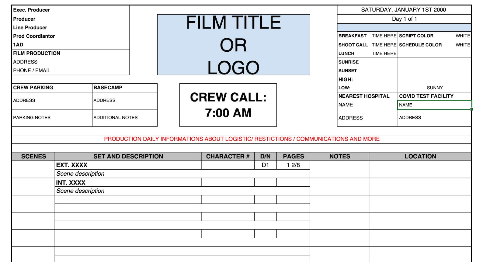 Professional Film Call Sheet Template, Film Call Sheet, Film ...