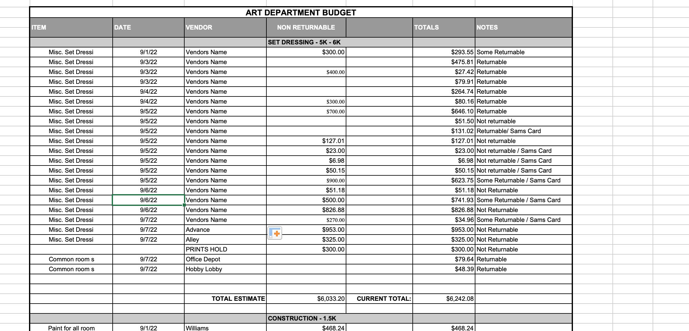 Film Art Budget Template, Film Production Art Budget, Professional Art ...